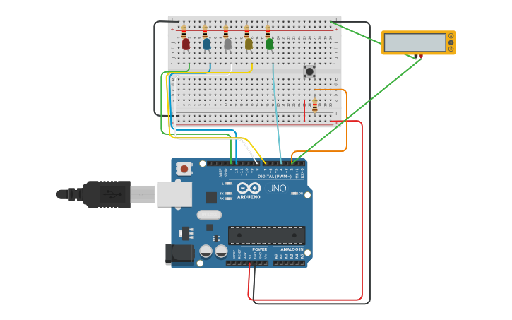 Circuit design Pulsador multiples LEDS | Tinkercad