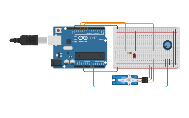 Circuit design Potentiometer Controlled LED with Servo Drive - Tinkercad