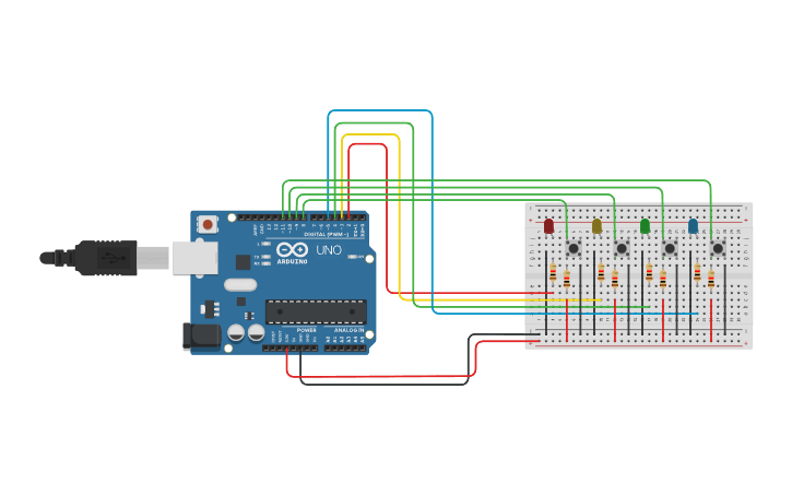 Circuit design Digital I/O menggunakan 4 LED dan 4 Push Button - Tinkercad