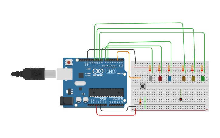 Circuit design tarea semana 14 - programando pulsador con 6 leds | Tinkercad