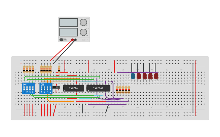 Circuit design Sumador-Restador 4 bits - Tinkercad Circuit design Sumador-Restador 4 bits - Tinkercad