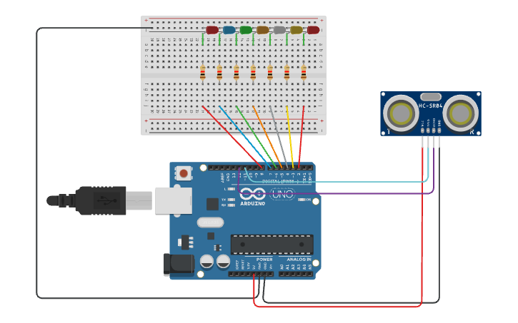 Circuit design ultrasonic sensor - Tinkercad
