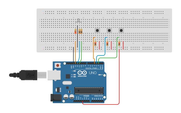 Circuit design 3 buttons RGB - Tinkercad