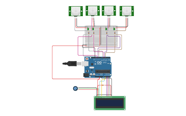 Circuit design Elevador PIR + LED + LCD | Tinkercad