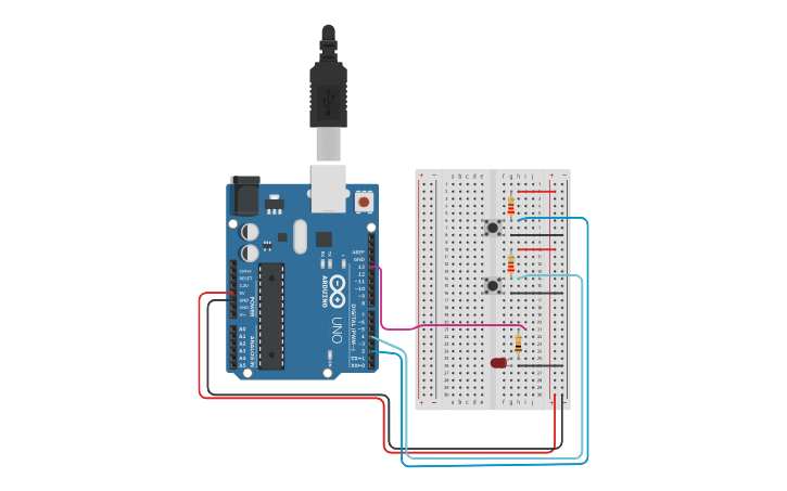 Circuit design Led-two-buttons - Tinkercad