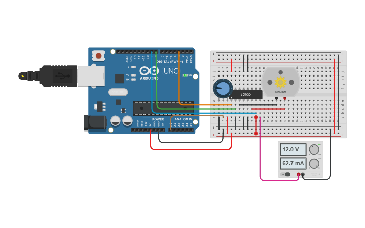 Circuit design Motore CC: Regolazione di veloctà - Tinkercad