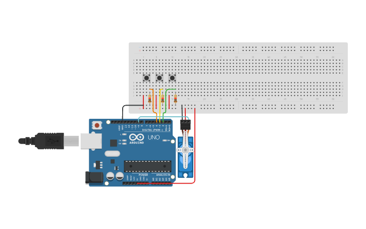 Circuit design Control de servomotor con 3 pulsadores - Tinkercad
