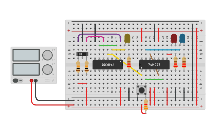 Circuit design 74HC73 as 2-bit binary counter - Tinkercad