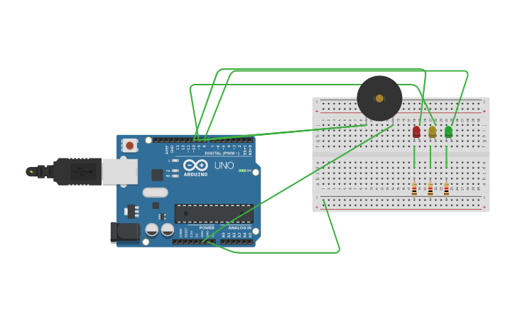 Circuit design Semáforo de 3 fases com buzzer | Tinkercad