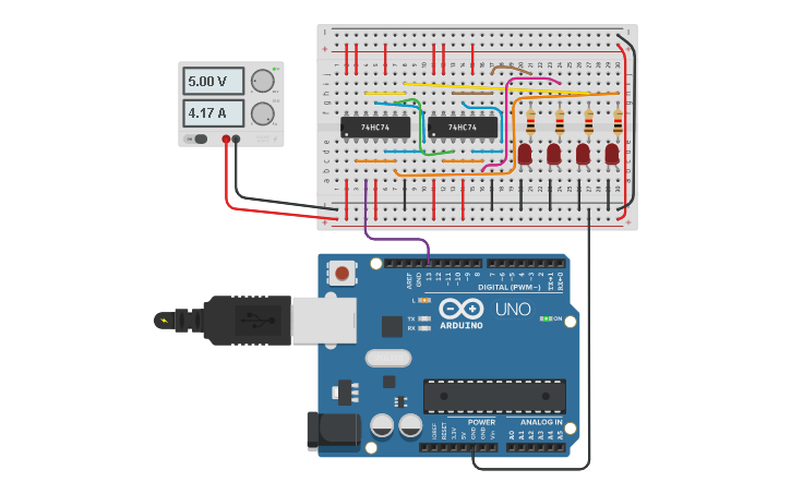 Circuit design Contador binario de 4 bits - Tinkercad