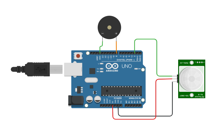 Circuit design PIR motion sensor using buzzer - Tinkercad