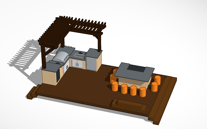 3D design Deck with outdoor kitchen and mini pergola - Tinkercad