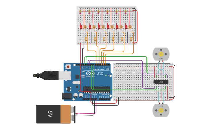 Circuit design robot seguidor de linea - Tinkercad