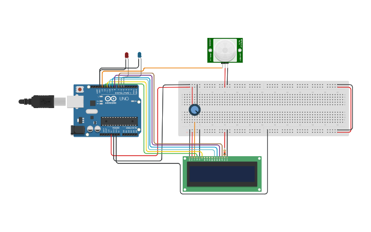 Circuit design sensor PIR,LCD y leds - Tinkercad