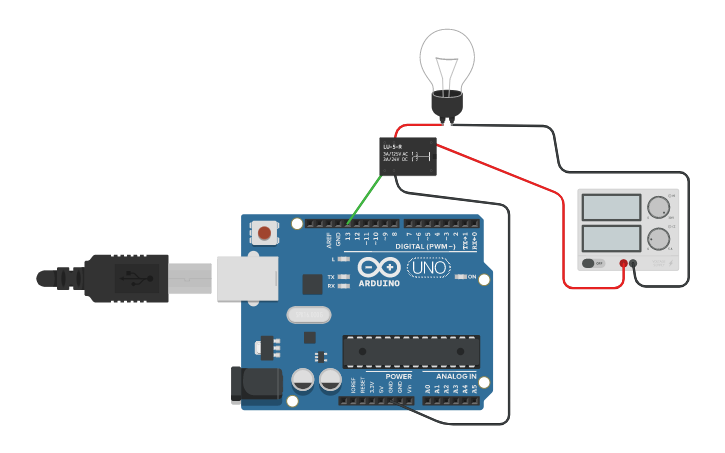 Circuit design Control a bulb using relay - Tinkercad