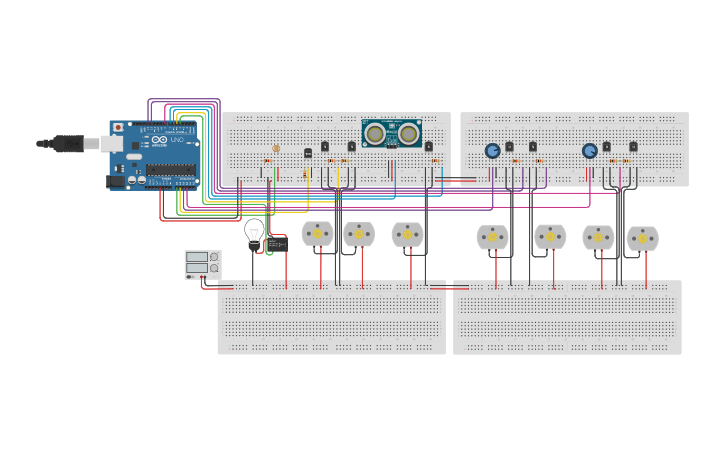 Circuit design Cahaya, Suhu, Jarak, Ph, dan Nutrisi - Tinkercad