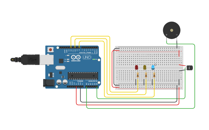 Circuit design Temperature sensor with LED and Buzzer - Tinkercad