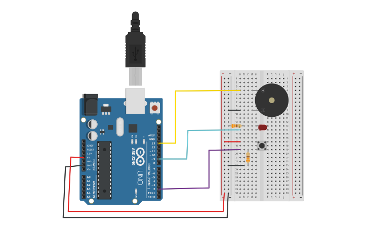 Circuit design Activar la alarma sonora y visual - Tinkercad