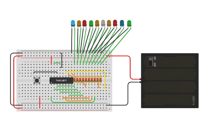Circuit design proyecto 1, ETAPA (Circuito 74HC4017) - Tinkercad