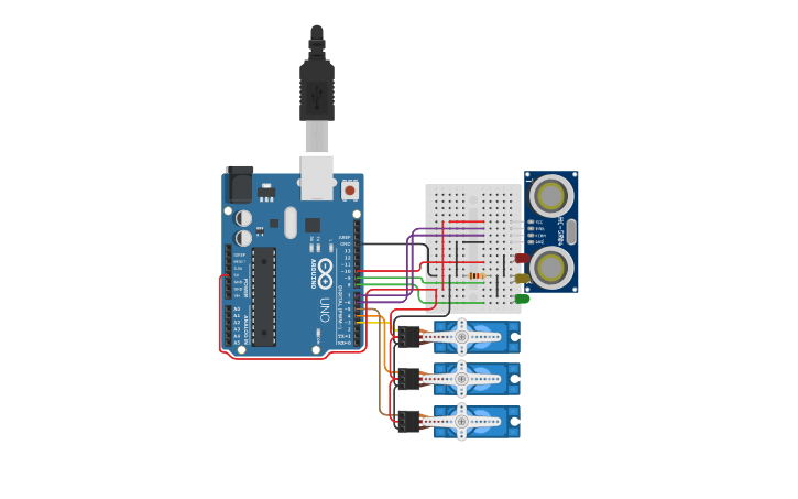 Circuit design Serie III (Sensor Ultra y Servos) | Tinkercad