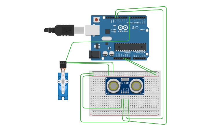 Circuit Design Control Motor Servo Dengan Sensor Ultrasonic Tinkercad