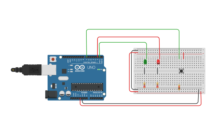 Circuit design 2 LED COMANDATI DA 1 PULSANTE | Tinkercad