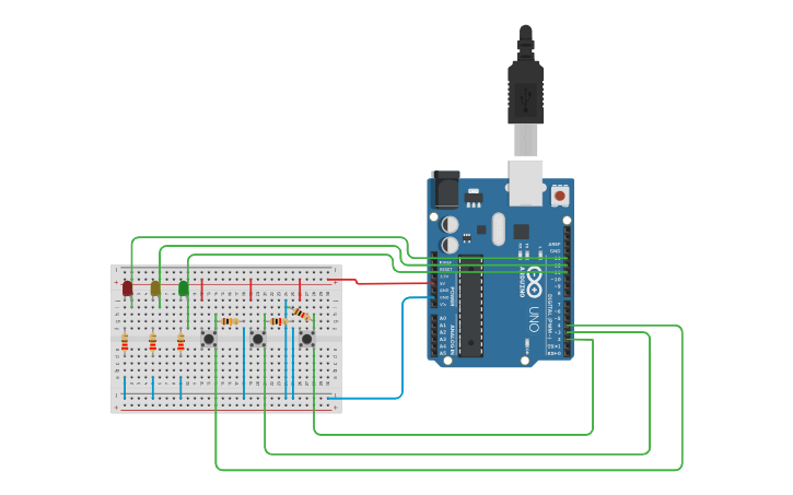 Circuit design 3 led's + 3 botões cada botão um led - Tinkercad Circuit design 3 led's + 3 botões cada botão um led - Tinkercad