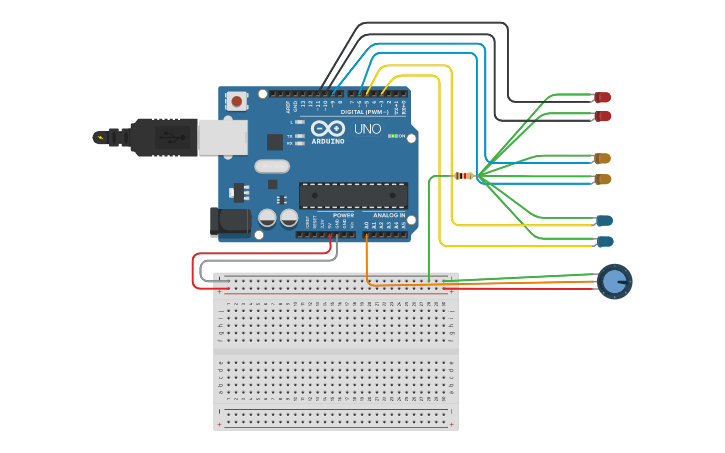 Circuit design ATIVIDADE 4 - LIGAR LED EM ORDEM ATRAVÉS POTENCIÔMETRO ...