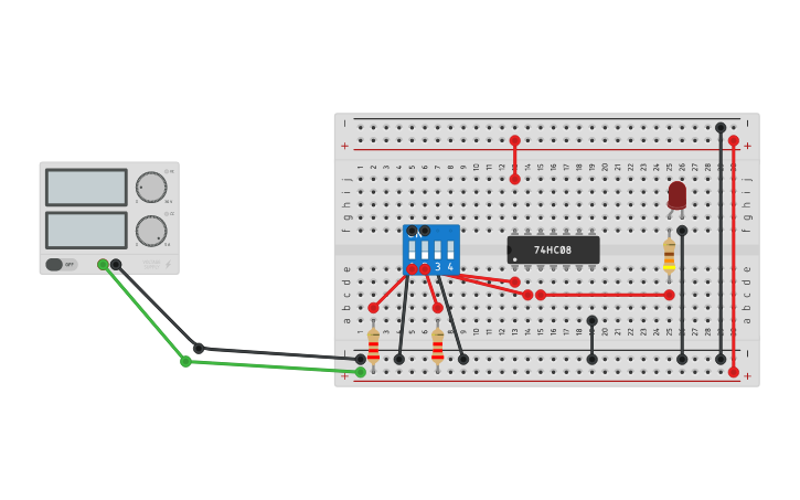 Circuit design and gate using dip switch - Tinkercad