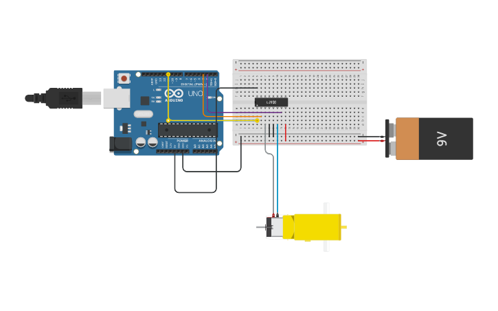 Circuit design Prática 4 - Motor/L293D | Tinkercad
