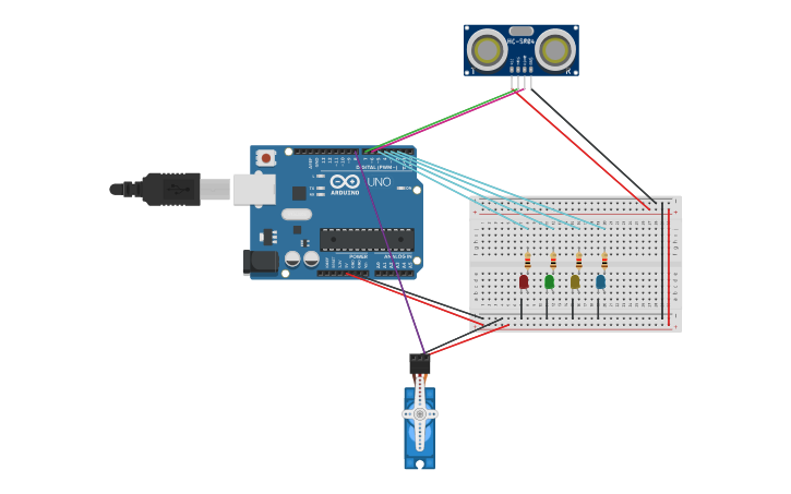 Circuit design Sonar+LEDs+servo - Tinkercad