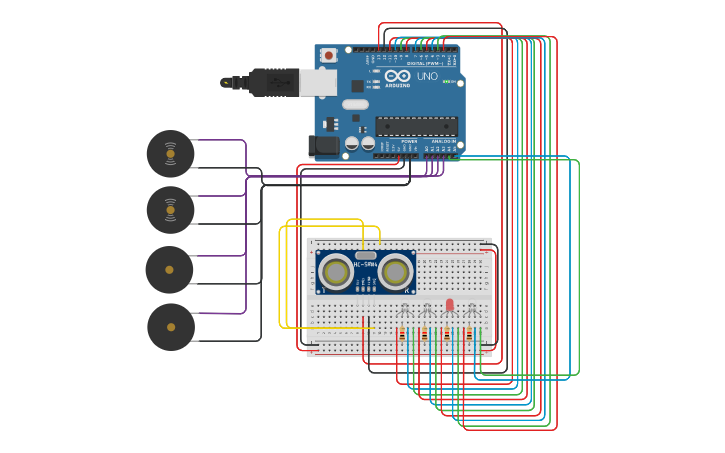 Circuit design 4 piezo/buzzer that will blend the tone in a 4 LED RGB | Tinkercad