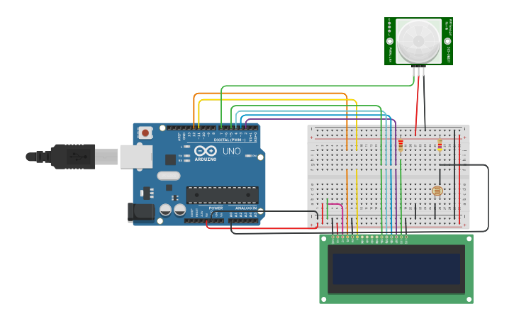 Circuit design Sensor de presença - LCD - PIR- LDR - Tinkercad