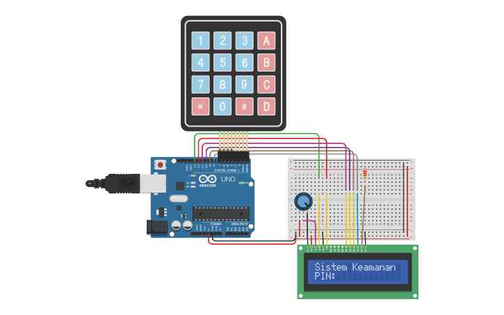 Circuit design Sistem Login Keypad 4x4 with lcd - Tinkercad