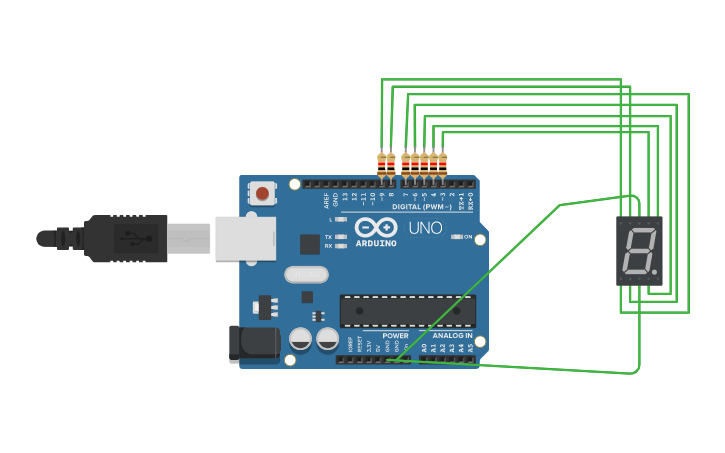 Circuit design 7 segment 0 to F - Tinkercad