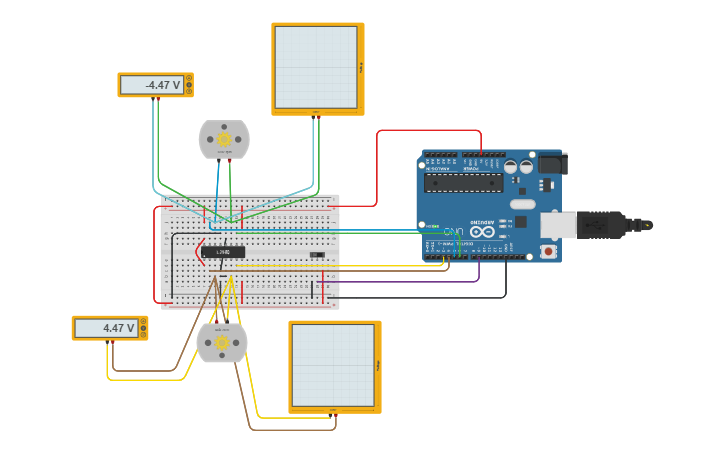 Circuit design Control de dos motores CC | Tinkercad