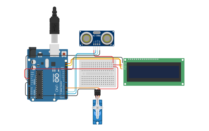 Circuit design servo motor, ultrasonic and lcd - Tinkercad