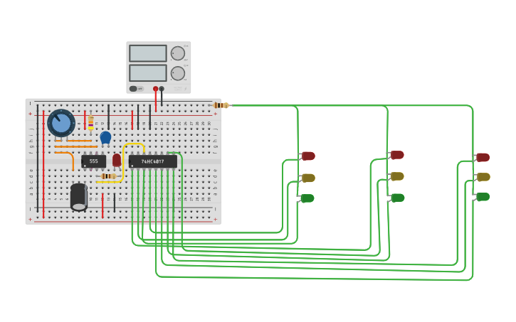 Circuit design semáforo ci 555 e 4017 - Tinkercad