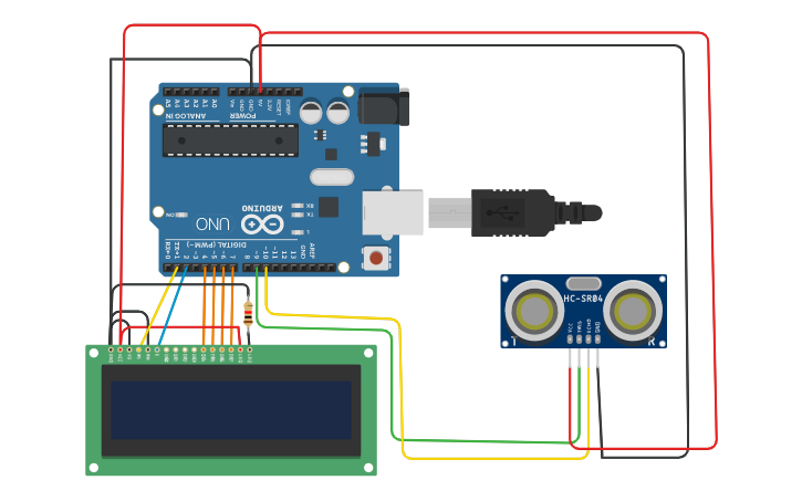 Circuit design Distance measurement using ultrasonic sensors - Tinkercad