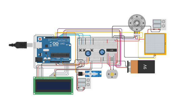 Circuit design assignment (servo+dc motor+serial+LCD) | Tinkercad