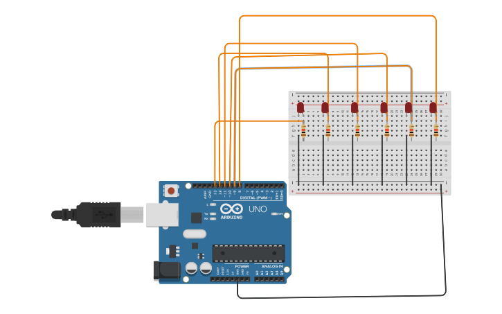 Circuit design LEDS in row - Tinkercad