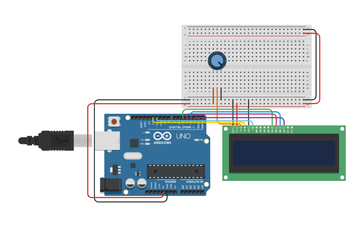 Circuit design Liquid Crystal Hello World - Tinkercad