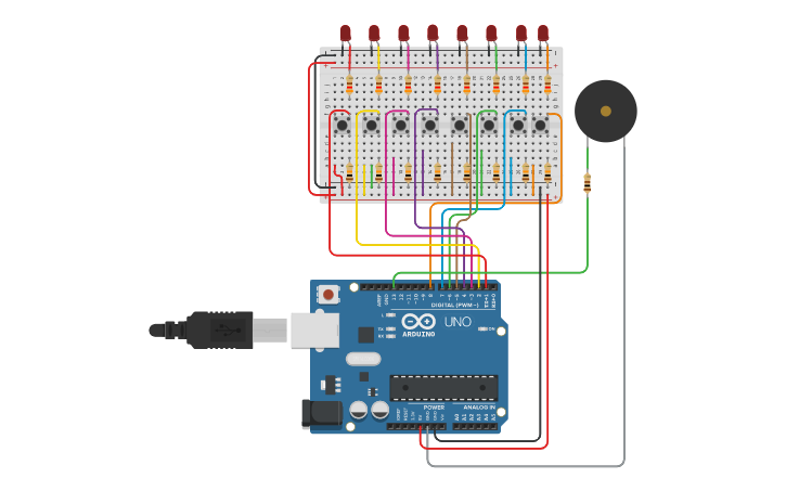 Circuit design piano en Arduino - Tinkercad