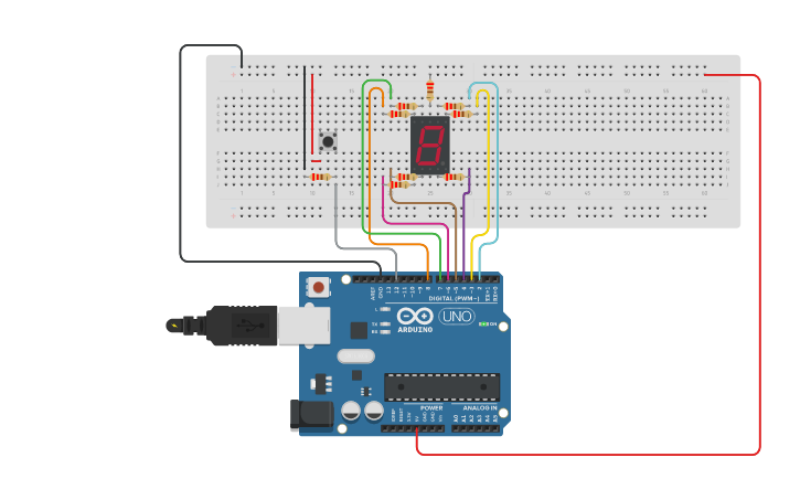 Circuit design Contador 0-9 con pulsador | Tinkercad