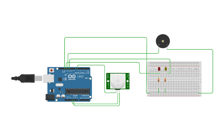 Circuit design SECURITY SENSOR USING PIR - Tinkercad
