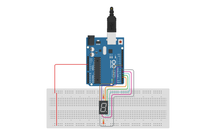 Circuit design Projeto 2 led 7 seg | Tinkercad