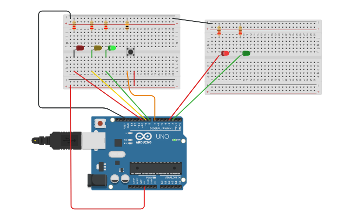 Circuit design Semaforo com botao - Tinkercad