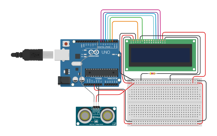 Circuit Design Flood Control Using Ultrasonic Sensor And Lcd Tinkercad