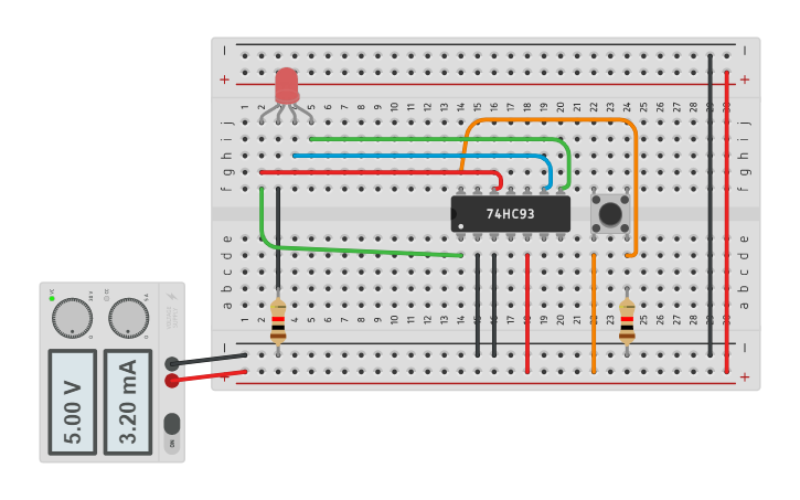 Circuit design Blink LED using 74HC93 IC - Tinkercad