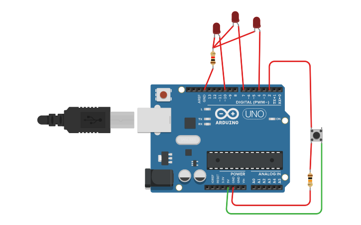 Circuit design 3 LED y pulsador - Tinkercad